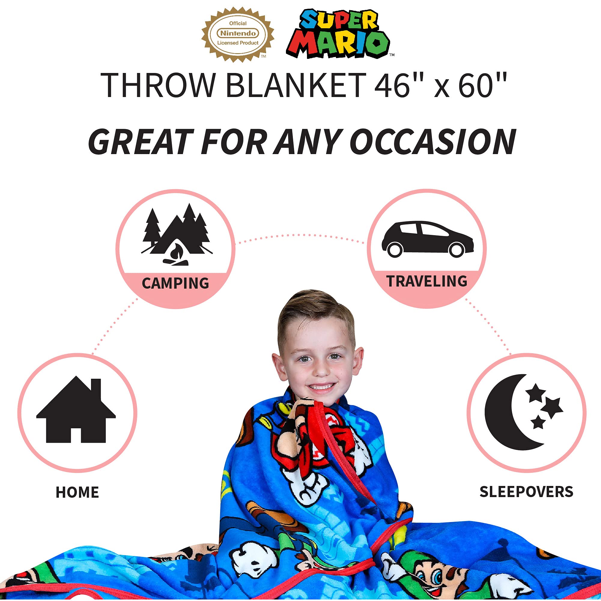 Franco Kids Bedding Super Soft Plush Throw Blanket, 46 in x 60 in, Mario