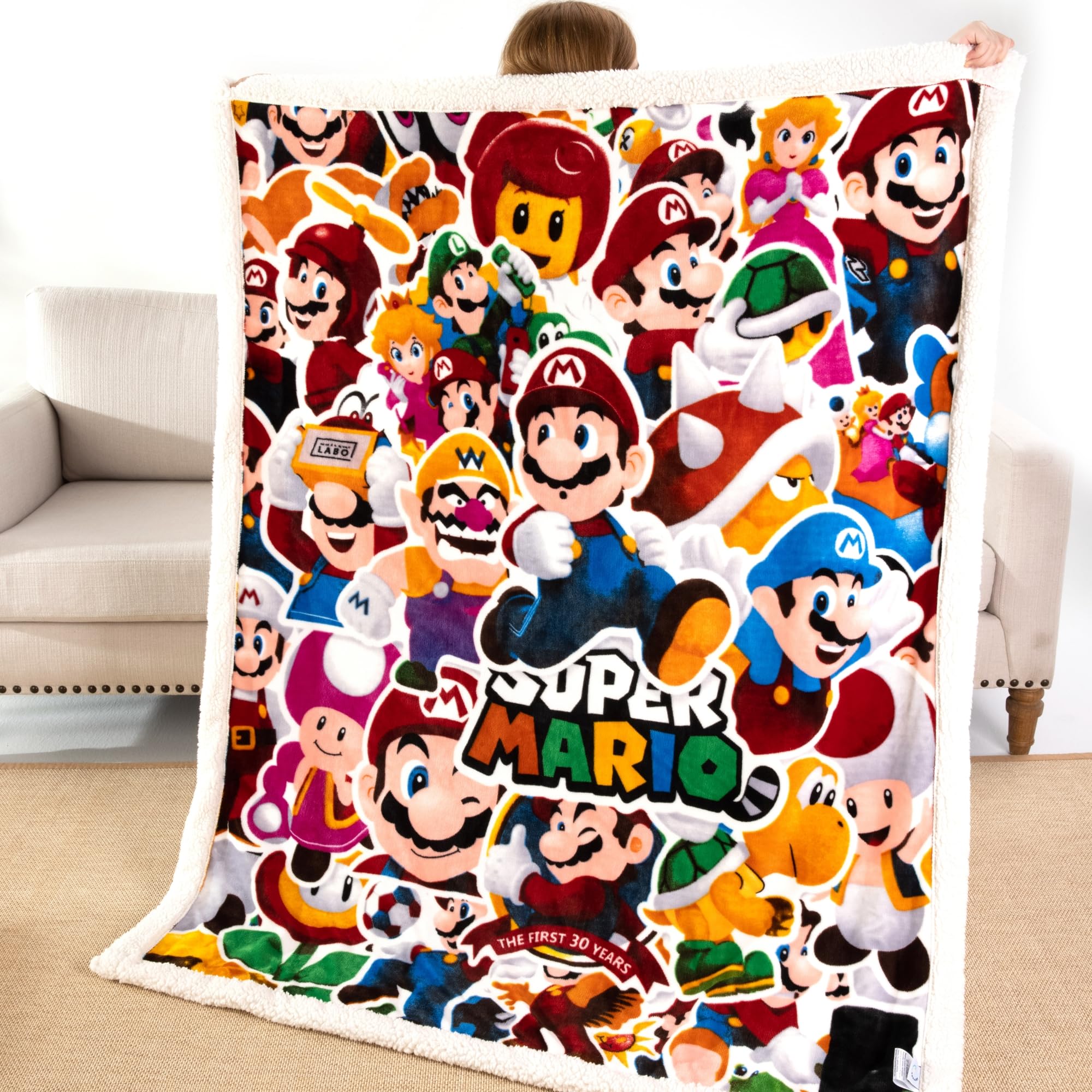 Kids Sherpa Flannel Throw Blanket 50" x 60 inches, Super Soft Cozy Plush Blanket for Indoor and Outdoor Use (Mario Bros, Throw(50'' × 60''))