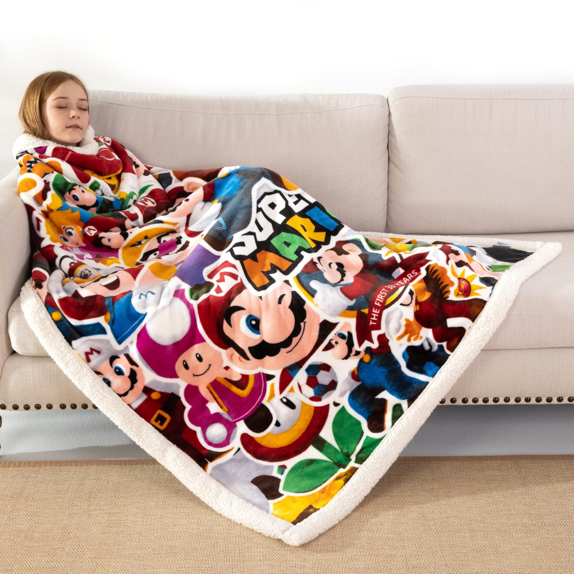 Kids Sherpa Flannel Throw Blanket 50" x 60 inches, Super Soft Cozy Plush Blanket for Indoor and Outdoor Use (Mario Bros, Throw(50'' × 60''))