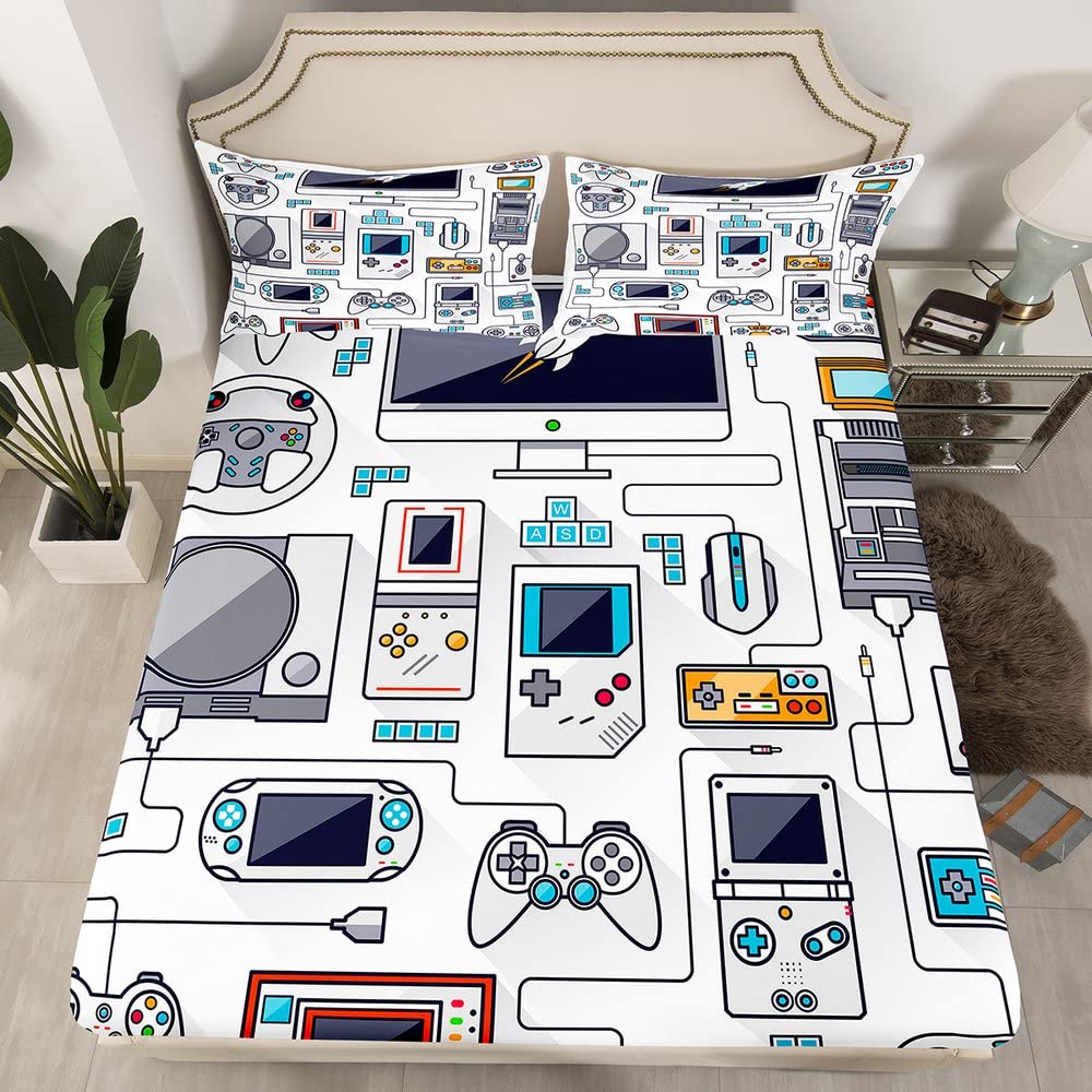 Boys Game Fitted Sheet Gamepad Printed Bedding Set for Kids Teens Videogame Controller Fitted Bed Sheet Gaming Console Bedding Decor Set Twin Size 1 Fitted Sheet with 1 Pillow Case(No Top Sheet)