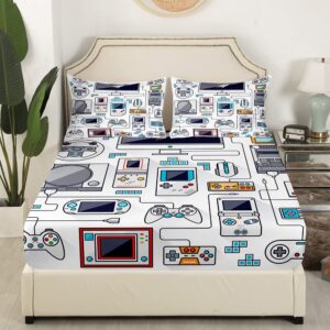 Boys Game Fitted Sheet Gamepad Printed Bedding Set for Kids Teens Videogame Controller Fitted Bed Sheet Gaming Console Bedding Decor Set Twin Size 1 Fitted Sheet with 1 Pillow Case(No Top Sheet)