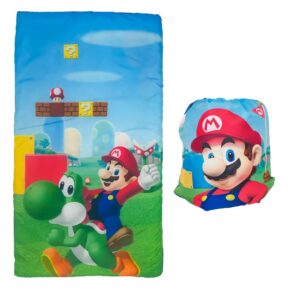 super mario kids soft lightweight 2 piece sleeping/slumber bag and sling bag set, 46"(l) x 26"(w), (official licensed nintendo product) by franco