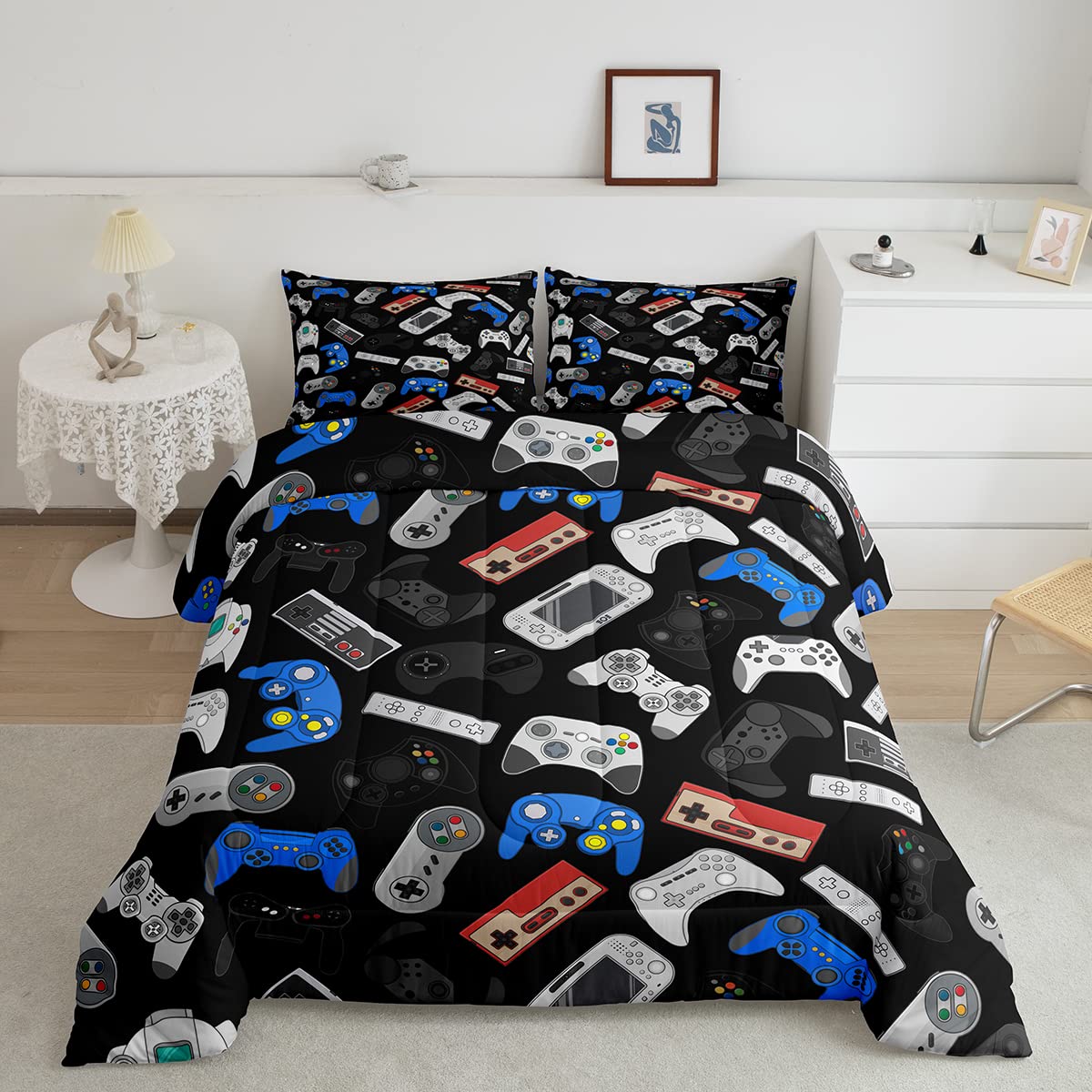 Erosebridal Teens Gamepad Bedding Set, Modern Gamer Down Comforter Full Size for Kids Boys Children Youth, Video Game Comforter Set Player Gaming Joystick Duvet Insert for Bedroom, Black Blue