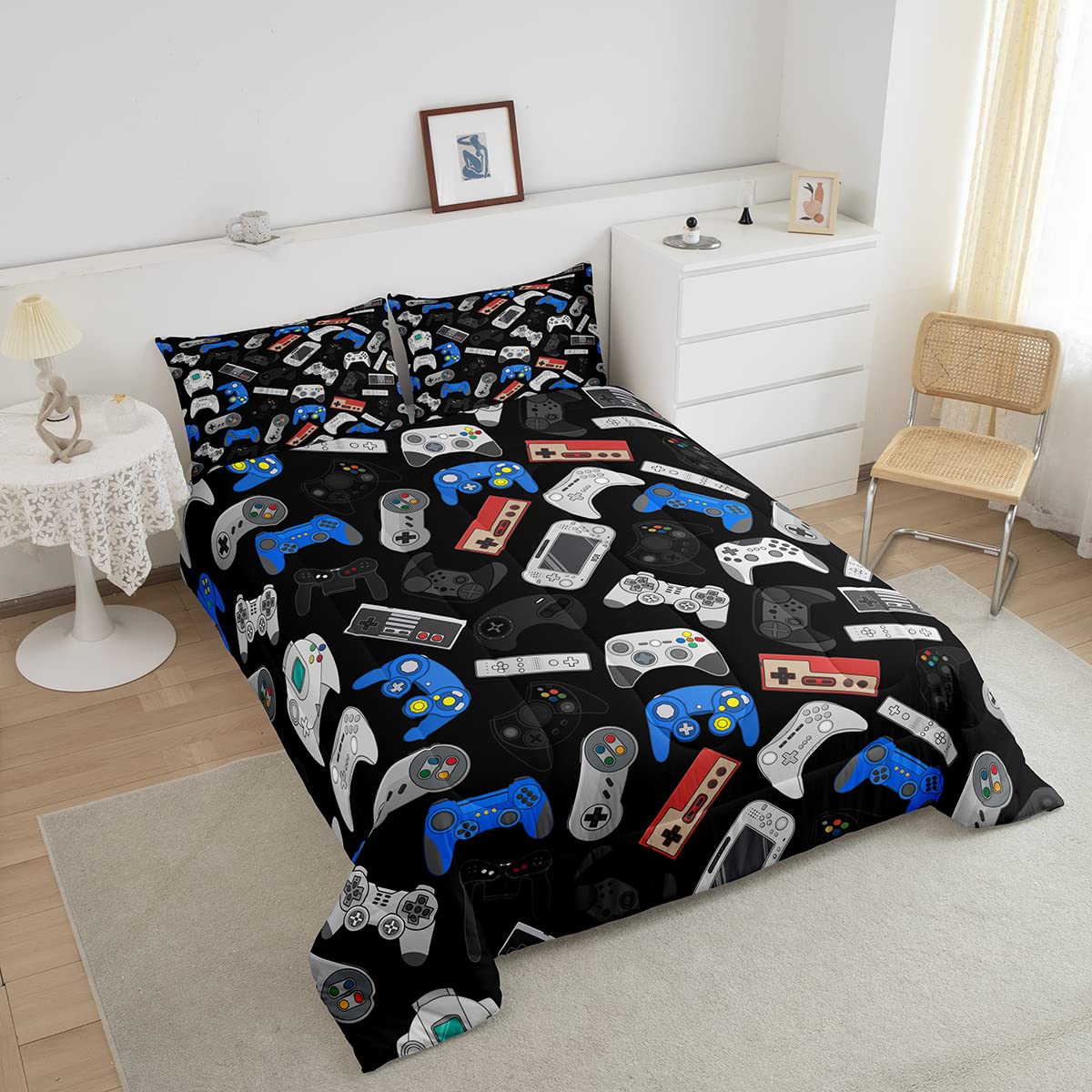 Erosebridal Teens Gamepad Bedding Set, Modern Gamer Down Comforter Full Size for Kids Boys Children Youth, Video Game Comforter Set Player Gaming Joystick Duvet Insert for Bedroom, Black Blue