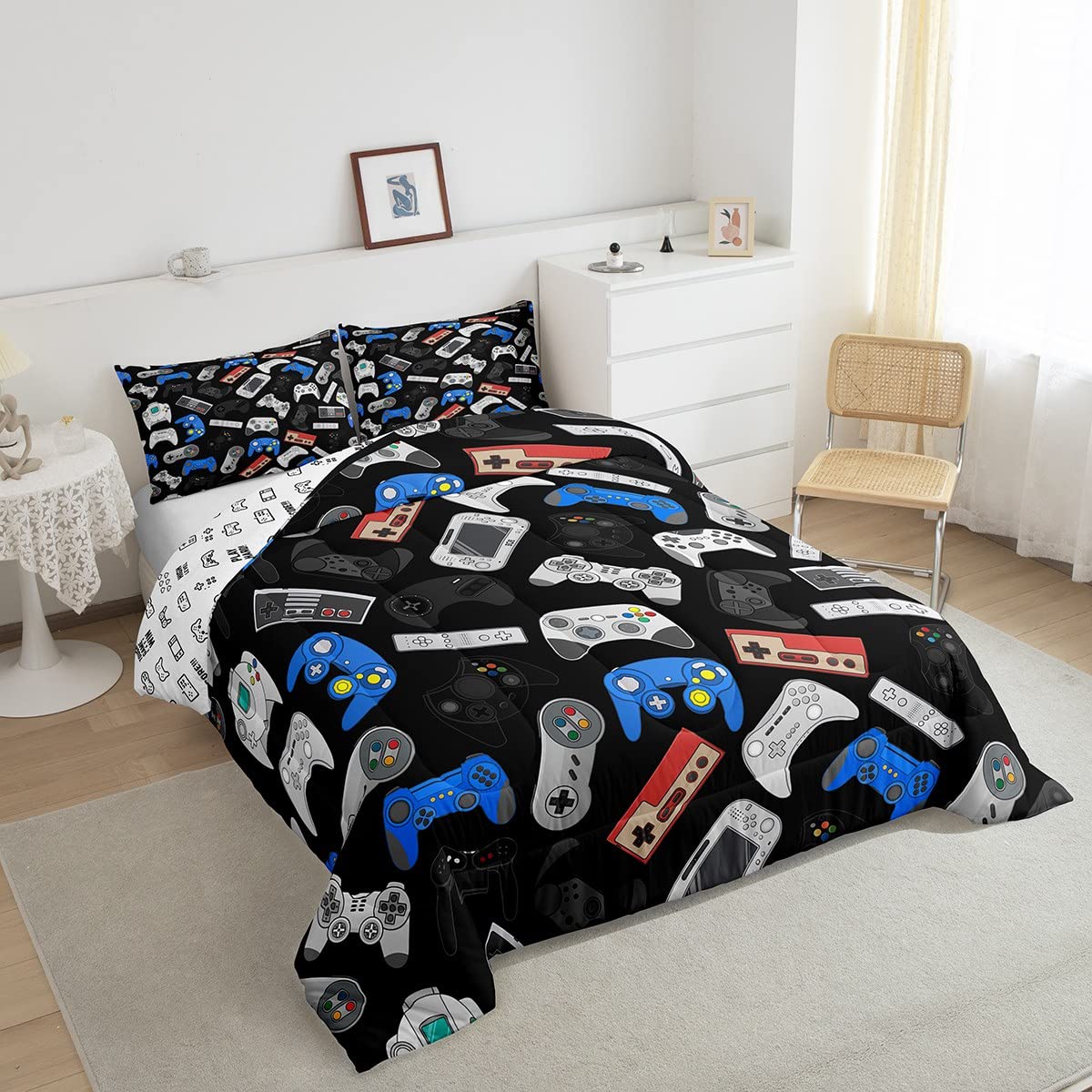 Erosebridal Teens Gamepad Bedding Set, Modern Gamer Down Comforter Full Size for Kids Boys Children Youth, Video Game Comforter Set Player Gaming Joystick Duvet Insert for Bedroom, Black Blue