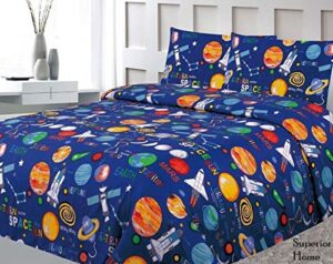 sapphire home 3 piece space themed twin bed sheets for kids - fitted sheet, kids' sheet & pillowcase sets - planets, solar system bedroom kit - toddler bed sheet - twin size