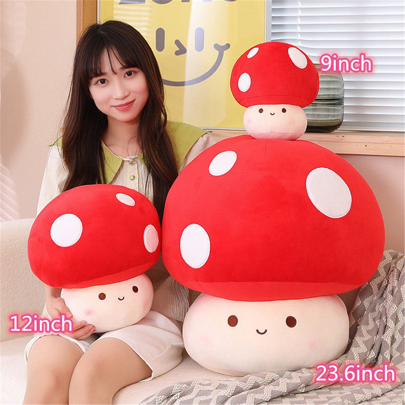 XSHYE Cute Mushroom Plush Kawaii Doll Mushroom Plushie Stuffed Animal Pillow Home Decor Kids Gifts (Red, 9 inch)