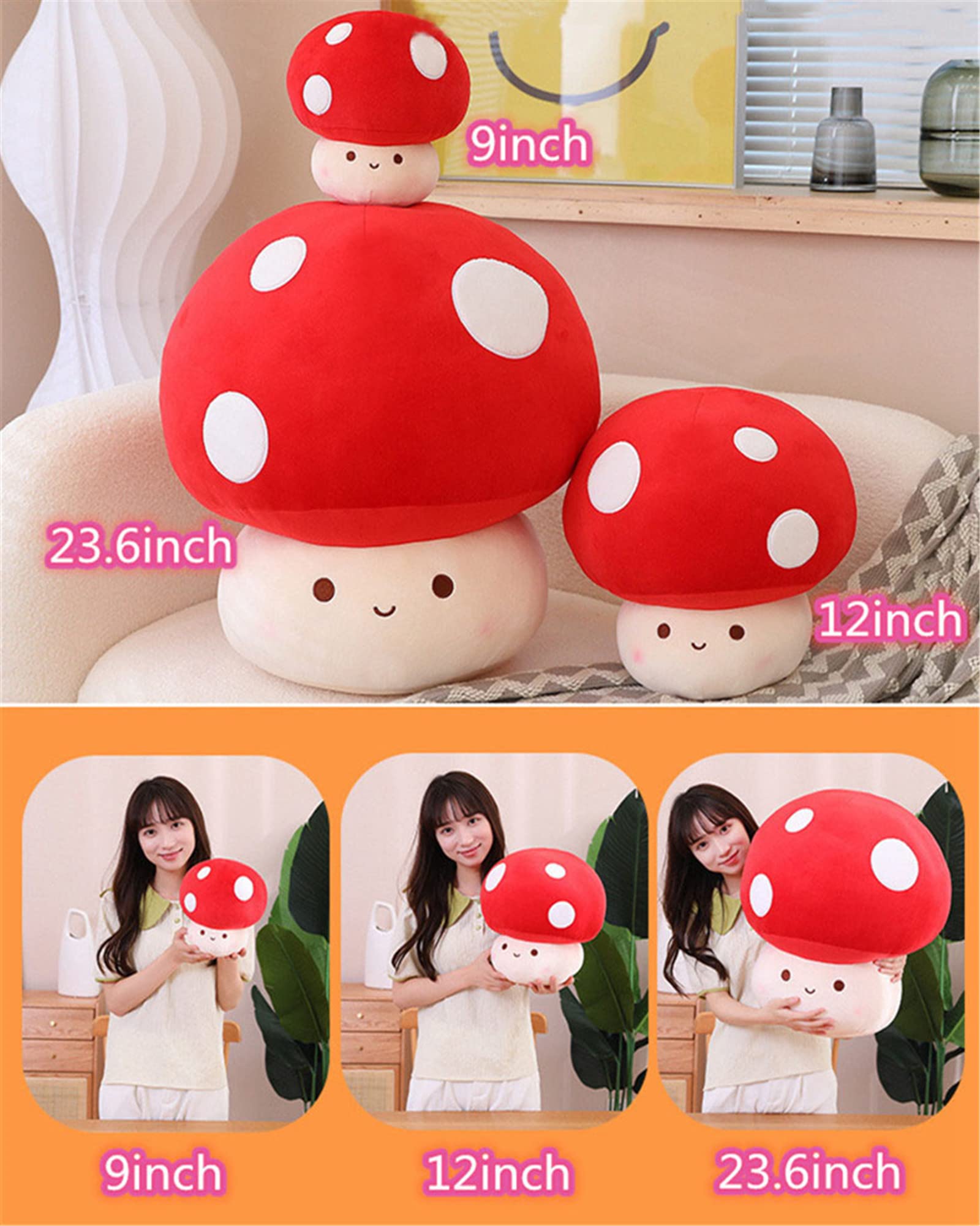 XSHYE Cute Mushroom Plush Kawaii Doll Mushroom Plushie Stuffed Animal Pillow Home Decor Kids Gifts (Red, 9 inch)