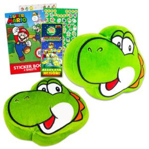 yoshi pillow set for kids - 4 pc mario room decor bundle with 2 6" yoshi plush pillows plus mario stickers and more | yoshi room decorations