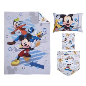 Disney Mickey Mouse Clubhouse Buddies Multi Colored Goofy, Pluto, and Donald Duck 4 Piece Toddler Bed Set - Comforter, Fitted Bottom Sheet, Flat Top Sheet, and Reversible Pillowcase