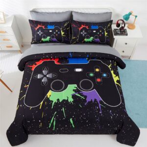 kakki 5 piece boys queen gamer comforter set with sheets, 3d colorful video game controller comforter for kids teen, all season soft microfiber gaming bedding set(black,queen)