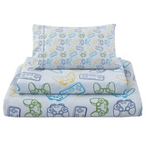 viviland kids twin sheet set - boys game twin sheet set - kids boys twin microfiber fitted sheet (15" deep pocket) flat sheet - light grey game paddle controller printed