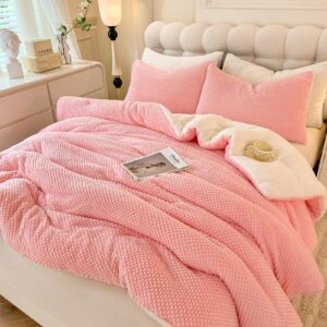 llancl 3d jacquard design comforter set, ultra-soft warm queen size sherpa fur plush 3-pieces sets luxury cozy bedding with 2 pillowcases (90"x90", pink)