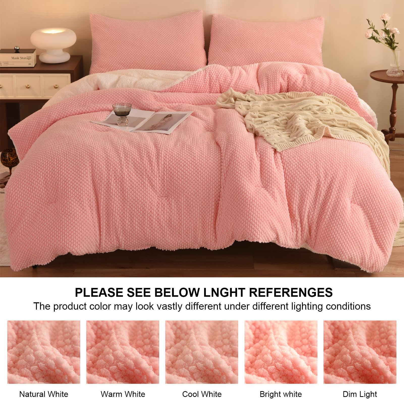 LLanCL 3D Jacquard Design Comforter Set, Ultra-Soft Warm Queen Size Sherpa Fur Plush 3-Pieces Sets Luxury Cozy Bedding with 2 Pillowcases (90"x90", Pink)