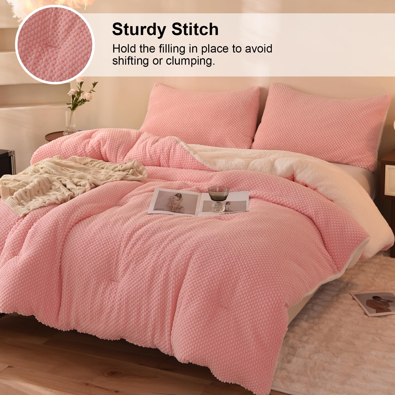 LLanCL 3D Jacquard Design Comforter Set, Ultra-Soft Warm Queen Size Sherpa Fur Plush 3-Pieces Sets Luxury Cozy Bedding with 2 Pillowcases (90"x90", Pink)