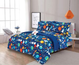 sapphire home 8 piece space themed queen bedding set for boys, bed in a bag, kids comforter set with bed sheets, pillow case, toy pillow, planets, solar system bedroom kit for toddlers, queen size