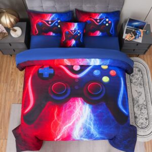 askotu gaming bedding sets for boys girls kids, red blue lightnings game console 6 pcs bed in a bag full size comforter sets with sheets