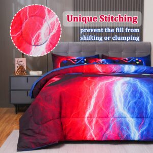 ASKOTU Gaming Bedding Sets for Boys Girls Kids, Red Blue Lightnings Game Console 6 Pcs Bed in A Bag Full Size Comforter Sets with Sheets