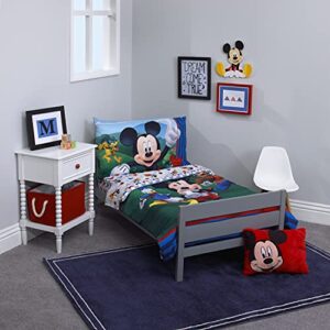 disney mickey's big adventure blue, red, yellow & green 4piece toddler bed set - comforter, fitted bottom sheet, flat top sheet, reversible pillowcase, blue, red, yellow, green