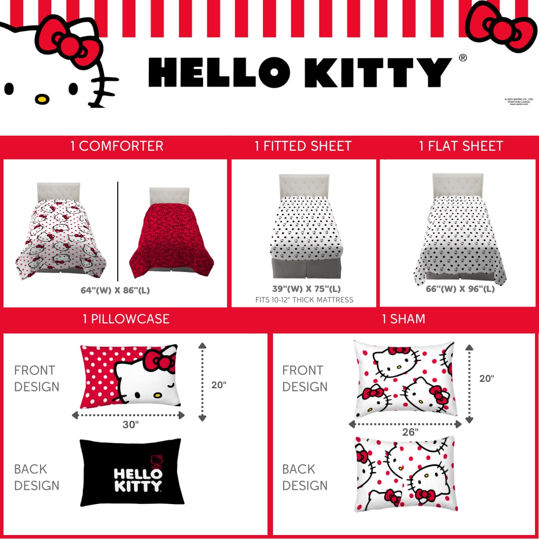 Franco Sanrio Hello Kitty Polka Dot Bedding 5 Piece Super Soft Comforter and Sheet Set with Sham, Twin, (100% Official Licensed Product) Collectibles