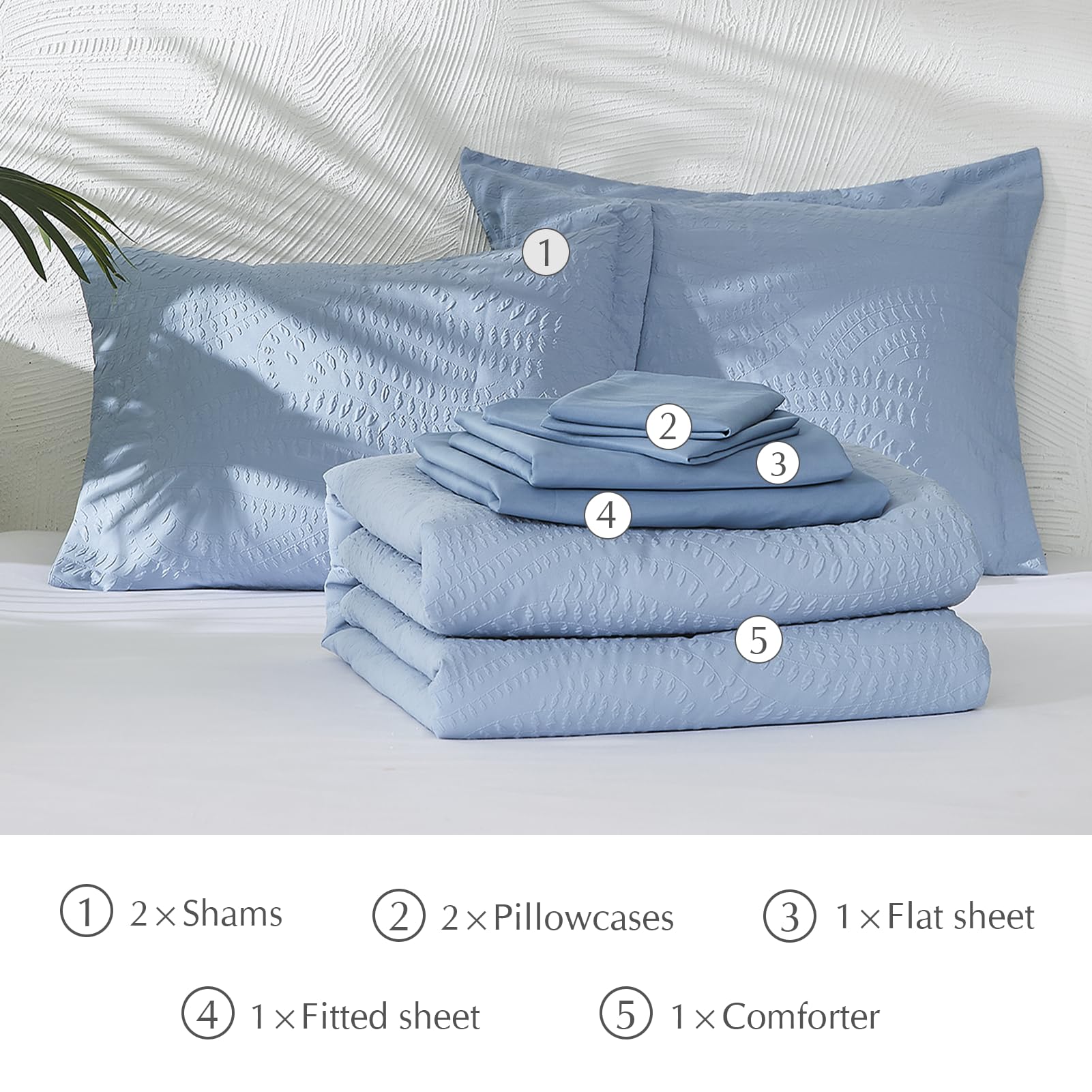 Geniospin King Comforter Set, Bed in a Bag Blue 7-Pieces, Botanical Pattern, All Season Comfortable Seersucker Bedding with Comforter, Sheets, Pillowcase & Shams (King, 102"x90")