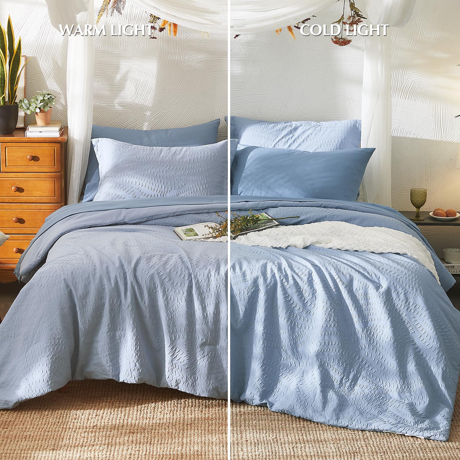 Geniospin King Comforter Set, Bed in a Bag Blue 7-Pieces, Botanical Pattern, All Season Comfortable Seersucker Bedding with Comforter, Sheets, Pillowcase & Shams (King, 102"x90")