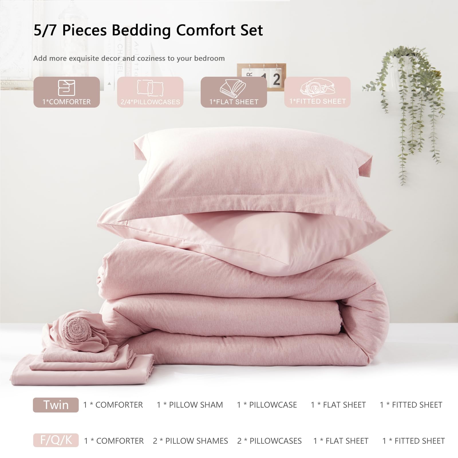 UNILIBRA Full Comforter Set 7 Pieces - Pink Bed in a Bag Full Size Soft for All Seasons - Cationic Dyeing Bedding Comforter Sets with Comforter, Flat Sheet, Fitted Sheet, Pillowcases & Shams