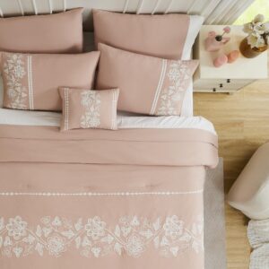 maireve blush pink comforter set queen 7 piece with deco pillow, farmhouse floral embroidery comforter set queen size, all season bed in a bag queen size, bedding set 7 pieces 90"x90"(pink, queen)