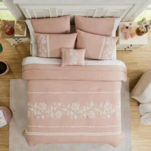 MAIREVE Blush Pink Comforter Set Queen 7 Piece with Deco Pillow, Farmhouse Floral Embroidery Comforter Set Queen Size, All Season Bed in A Bag Queen Size, Bedding Set 7 Pieces 90"x90"(Pink, Queen)