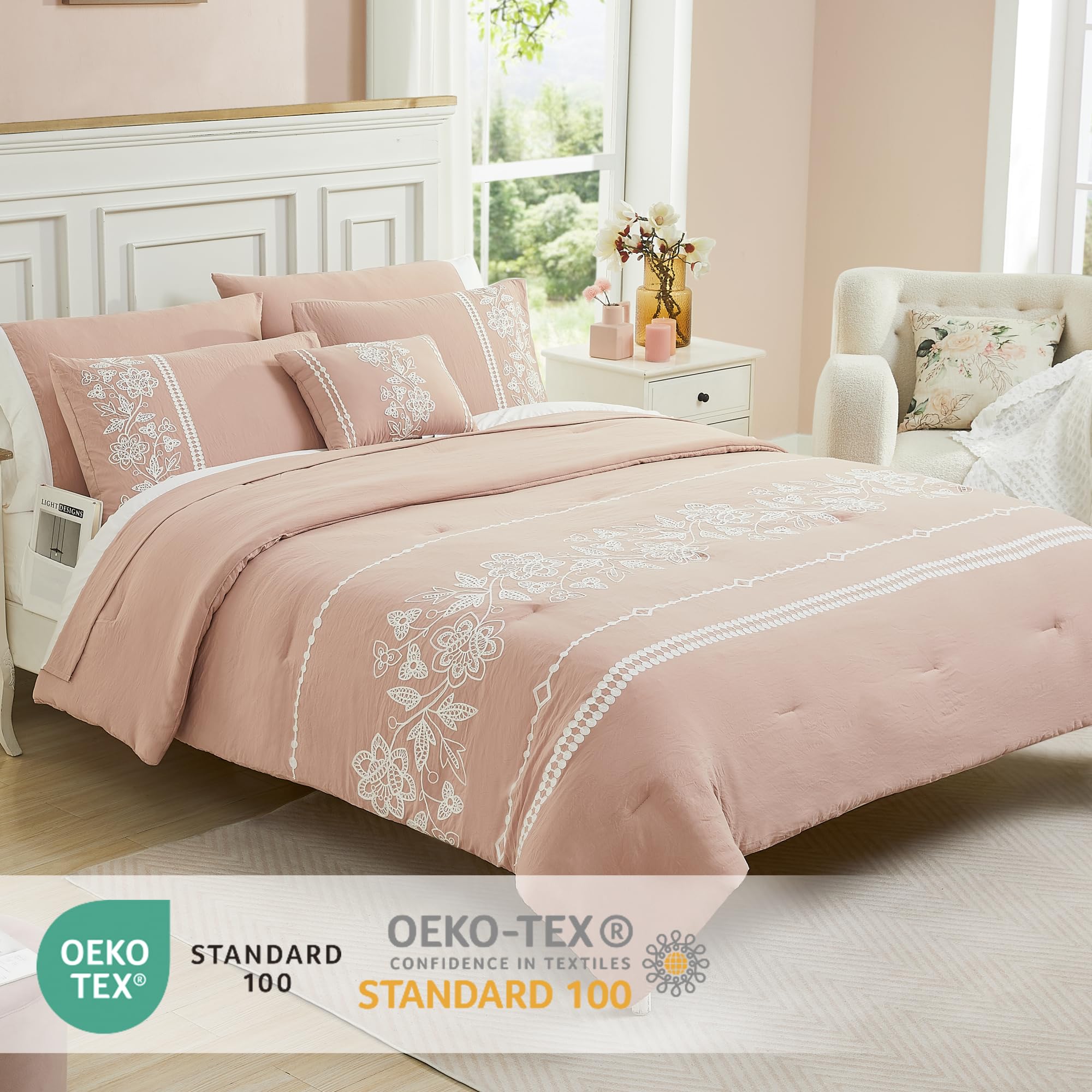 MAIREVE Blush Pink Comforter Set Queen 7 Piece with Deco Pillow, Farmhouse Floral Embroidery Comforter Set Queen Size, All Season Bed in A Bag Queen Size, Bedding Set 7 Pieces 90"x90"(Pink, Queen)