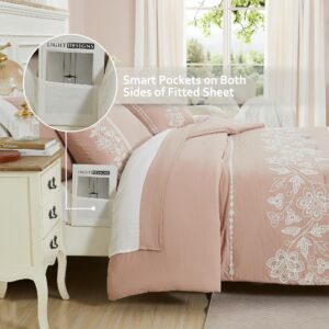 MAIREVE Blush Pink Comforter Set Queen 7 Piece with Deco Pillow, Farmhouse Floral Embroidery Comforter Set Queen Size, All Season Bed in A Bag Queen Size, Bedding Set 7 Pieces 90"x90"(Pink, Queen)