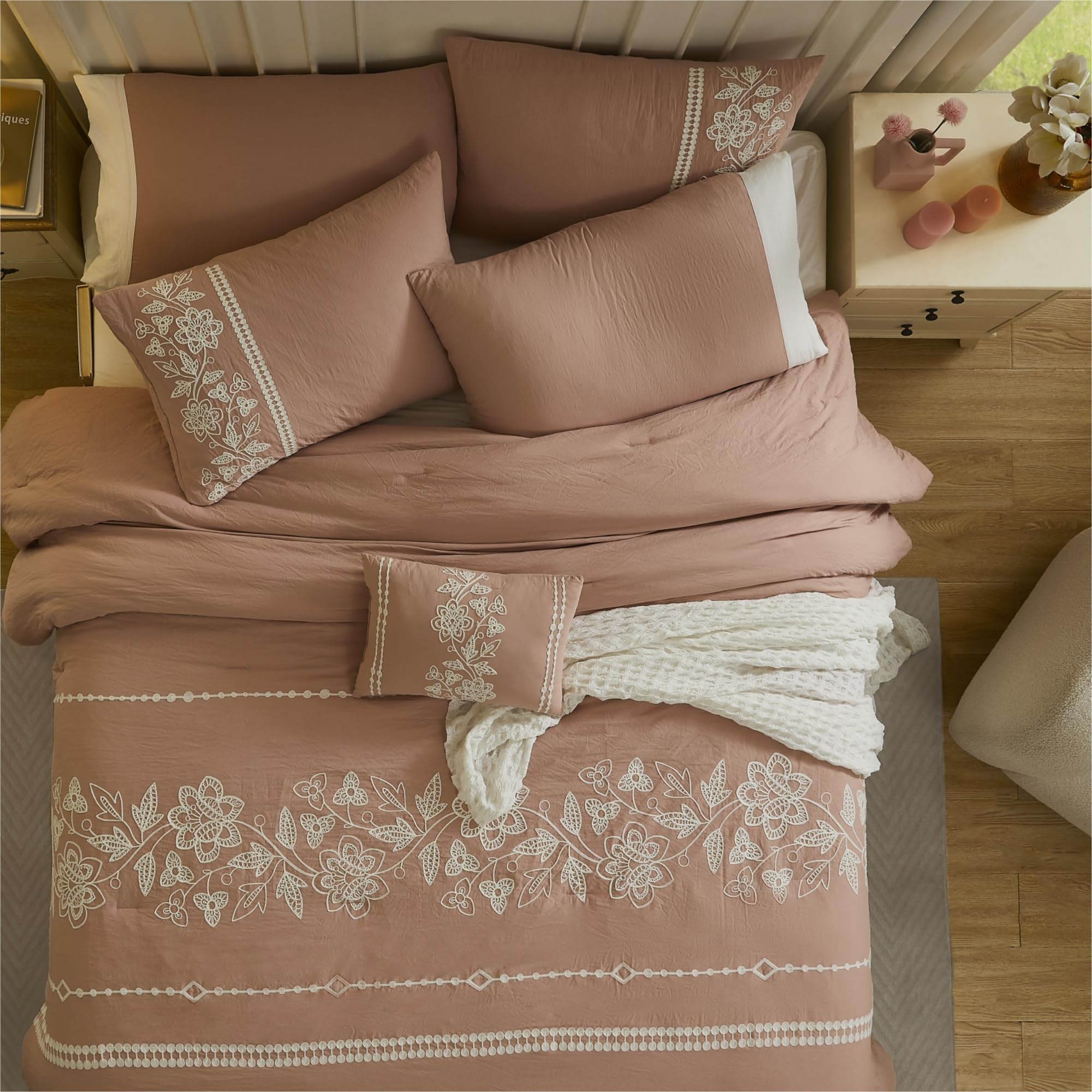 MAIREVE Blush Pink Comforter Set Queen 7 Piece with Deco Pillow, Farmhouse Floral Embroidery Comforter Set Queen Size, All Season Bed in A Bag Queen Size, Bedding Set 7 Pieces 90"x90"(Pink, Queen)