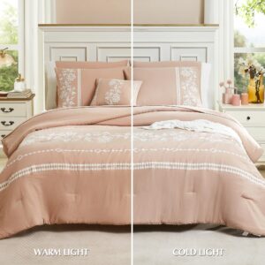 MAIREVE Blush Pink Comforter Set Queen 7 Piece with Deco Pillow, Farmhouse Floral Embroidery Comforter Set Queen Size, All Season Bed in A Bag Queen Size, Bedding Set 7 Pieces 90"x90"(Pink, Queen)