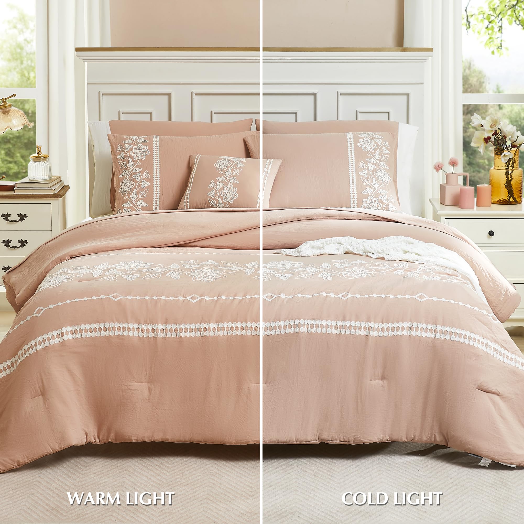 MAIREVE Blush Pink Comforter Set Queen 7 Piece with Deco Pillow, Farmhouse Floral Embroidery Comforter Set Queen Size, All Season Bed in A Bag Queen Size, Bedding Set 7 Pieces 90"x90"(Pink, Queen)