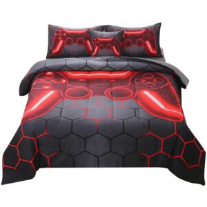 jqinhome full gamer comforter set for boys girls kids,6 piece bed in a bag 3d video game bedding -all season soft microfiber down alternative comforter gamer bedding sets with sheets （red）