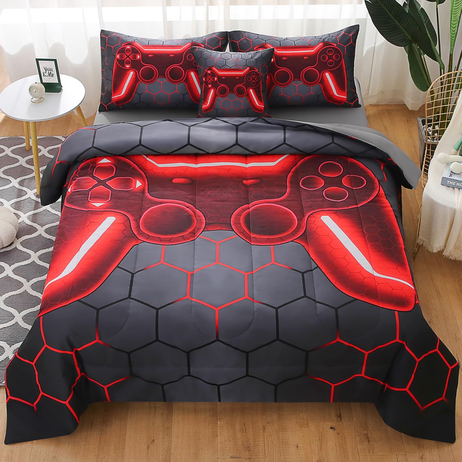 JQinHome Full Gamer Comforter Set for Boys Girls Kids,6 Piece Bed in A Bag 3D Video Game Bedding -All Season Soft Microfiber Down Alternative Comforter Gamer Bedding Sets with Sheets （Red）