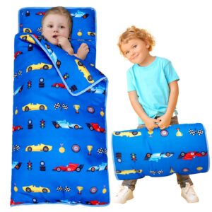 newwiee toddler nap mat kids sleeping mat with removable pillow blanket toddler sleeping bag rolled sleep mats for girl boy preschool daycare travel camping, 20" x 50" fit standard cot (racing car)