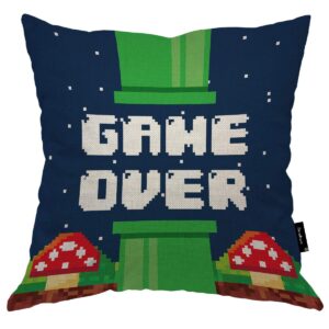 beabes pixel game throw pillowcase vintage fun video game over with fungus white cloud red mushroom square throw pillow cover for men women boys girls home decor cotton linen 18x18 inch