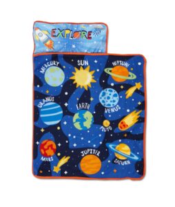 baby boom funhouse explore planets & outer space kids nap mat set – includes pillow and fleece blanket – great for boys napping during daycare or preschool - fits toddlers, blue