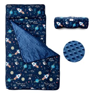 beeweed toddler nap mat, rollup design kid sleeping mat with removable pillow & minky blanket, toddler sleeping bag for daycare preschool travel camping, space ship