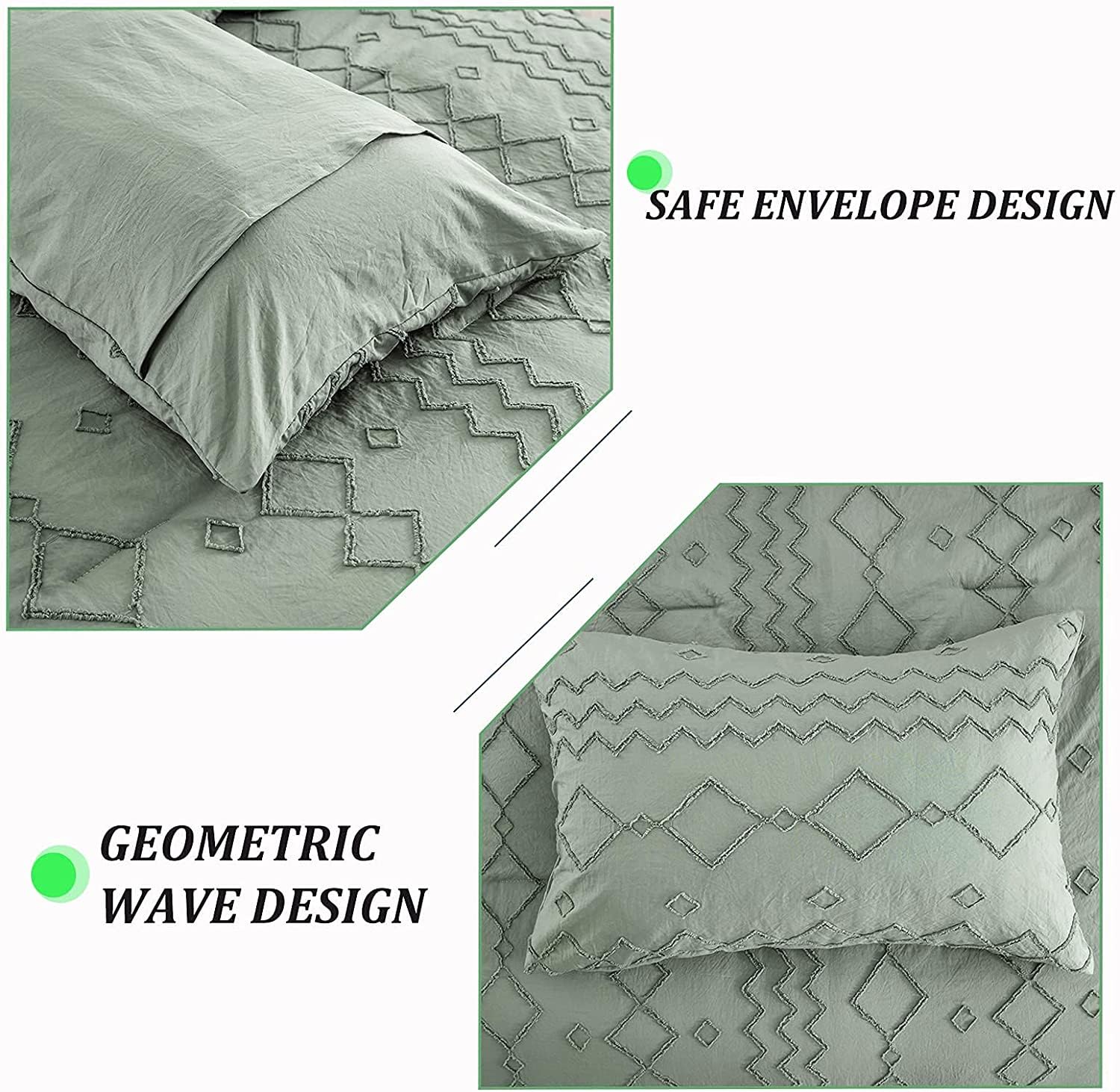 WONGS BEDDING Green Tufted Comforter Set Full Size (80×90 inches), Boho Shabby Chic Comforter Geometry Embroidery Bedding Set 3 Pieces Soft Microfiber Comforter for All Seasons