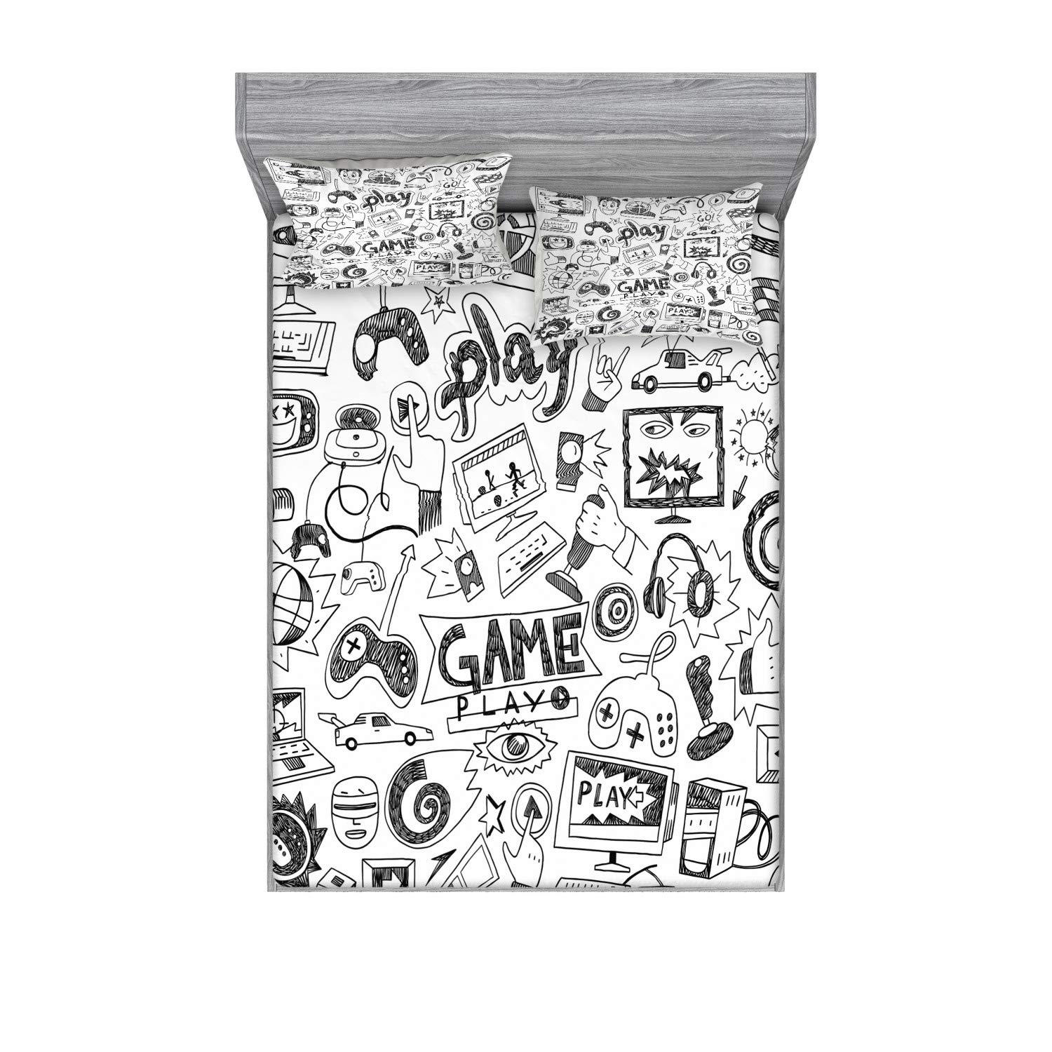 Ambesonne Video Games Bedding Set with Sheet & Covers Monochrome Sketch Gaming Decor Design Racing Teen 90's Themed Picture Art Bed Cover for Master Bedroom and 2 Shams, Queen Size, Charcoal Black