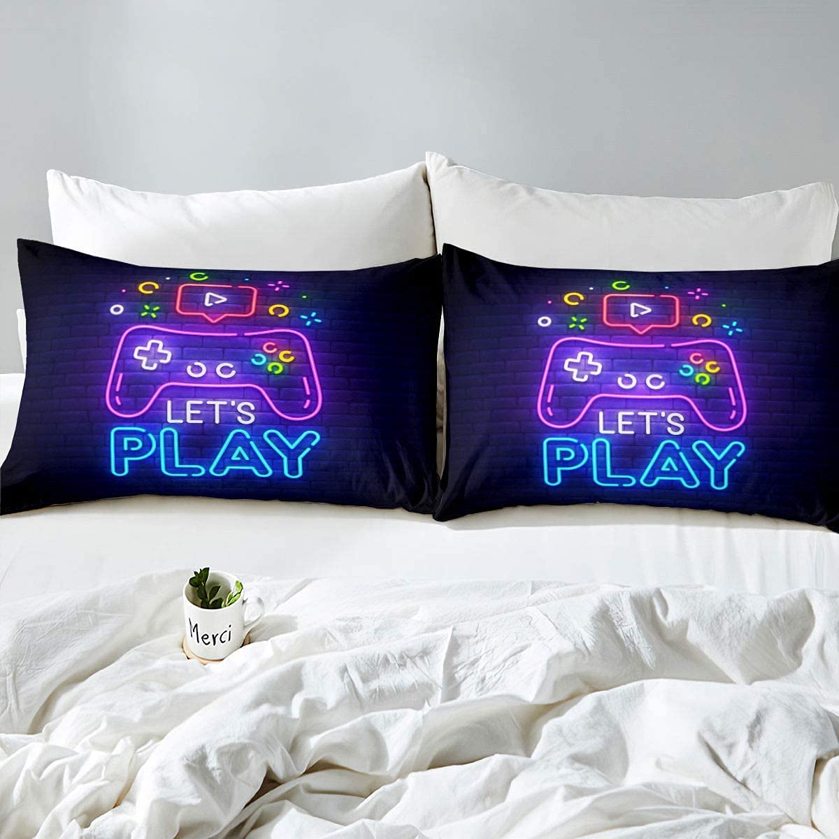 NINENINE Gamer Comforter Sets Kids Queen Bedding Sets for Boys,Teen Gaming Comforter,Let's Play Gamer Bedding Video Games Bed Set with 1 Comforter 2Pillowcases