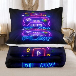 NINENINE Gamer Comforter Sets Kids Queen Bedding Sets for Boys,Teen Gaming Comforter,Let's Play Gamer Bedding Video Games Bed Set with 1 Comforter 2Pillowcases