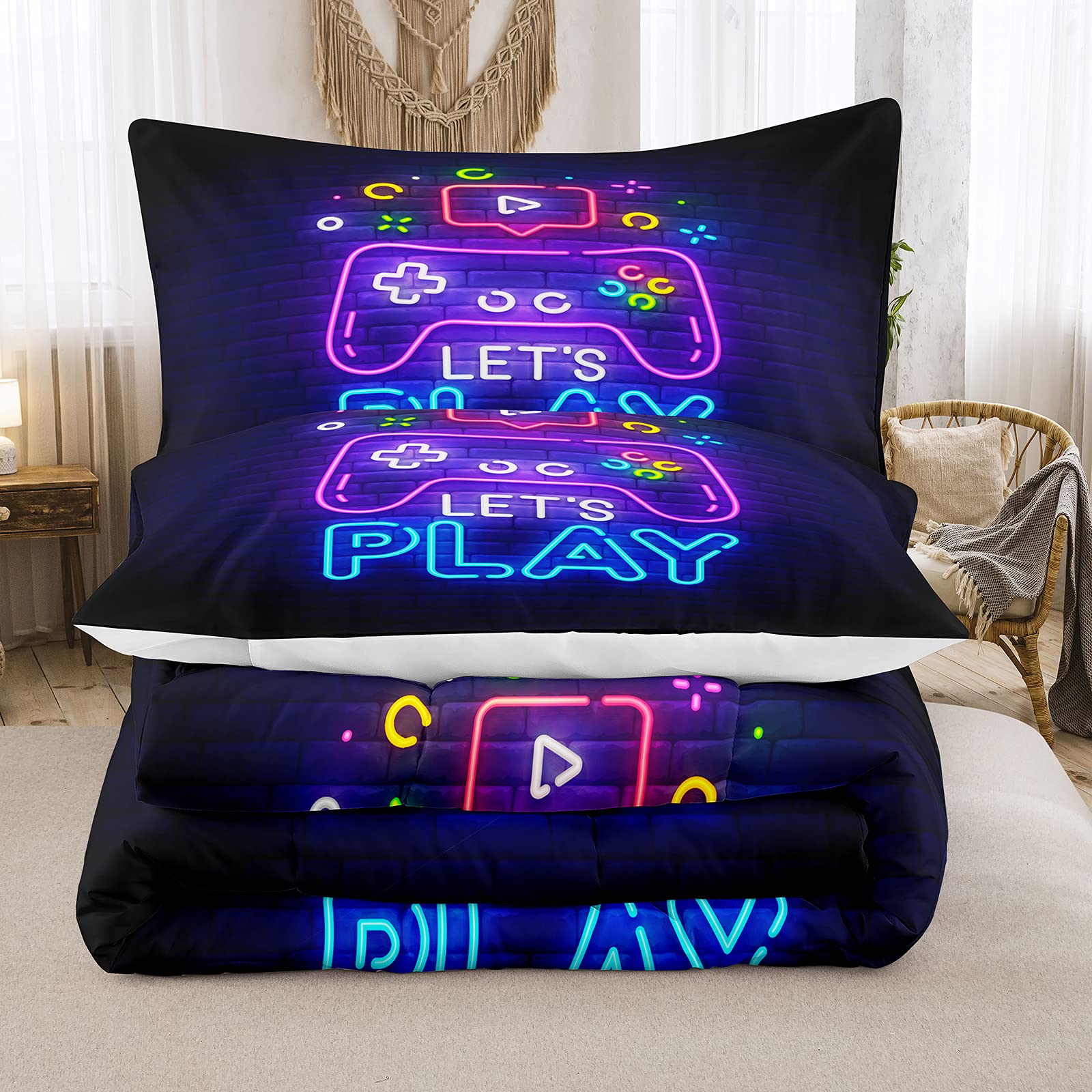 NINENINE Gamer Comforter Sets Kids Queen Bedding Sets for Boys,Teen Gaming Comforter,Let's Play Gamer Bedding Video Games Bed Set with 1 Comforter 2Pillowcases