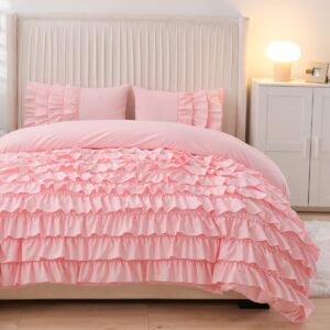 ntbed waterfall ruffled comforter set blush casual textured for girls kids all season, soft chic princess bedding set with matching pillow shams(pink,queen)