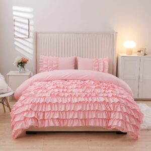 NTBED Waterfall Ruffled Comforter Set Blush Casual Textured for Girls Kids All Season, Soft Chic Princess Bedding Set with Matching Pillow Shams(Pink,Queen)