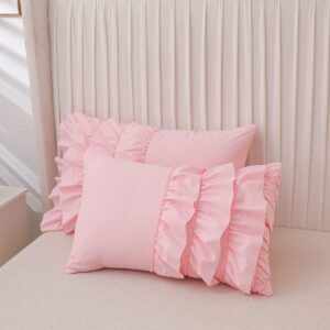 NTBED Waterfall Ruffled Comforter Set Blush Casual Textured for Girls Kids All Season, Soft Chic Princess Bedding Set with Matching Pillow Shams(Pink,Queen)