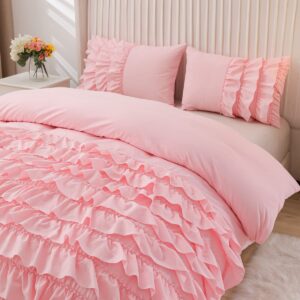 NTBED Waterfall Ruffled Comforter Set Blush Casual Textured for Girls Kids All Season, Soft Chic Princess Bedding Set with Matching Pillow Shams(Pink,Queen)