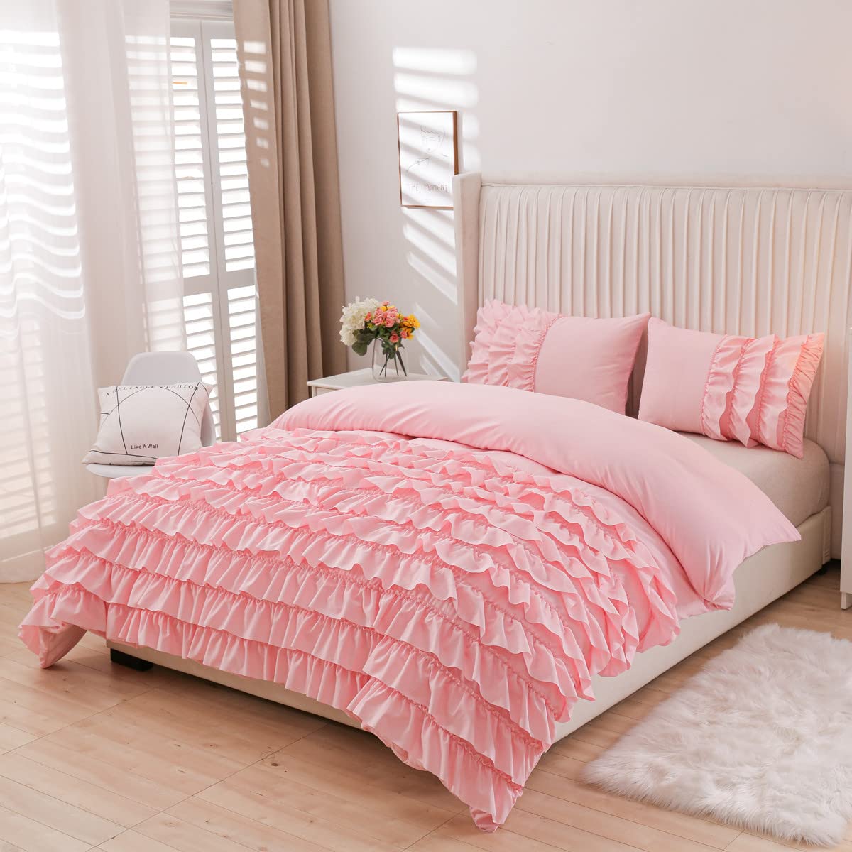 NTBED Waterfall Ruffled Comforter Set Blush Casual Textured for Girls Kids All Season, Soft Chic Princess Bedding Set with Matching Pillow Shams(Pink,Queen)